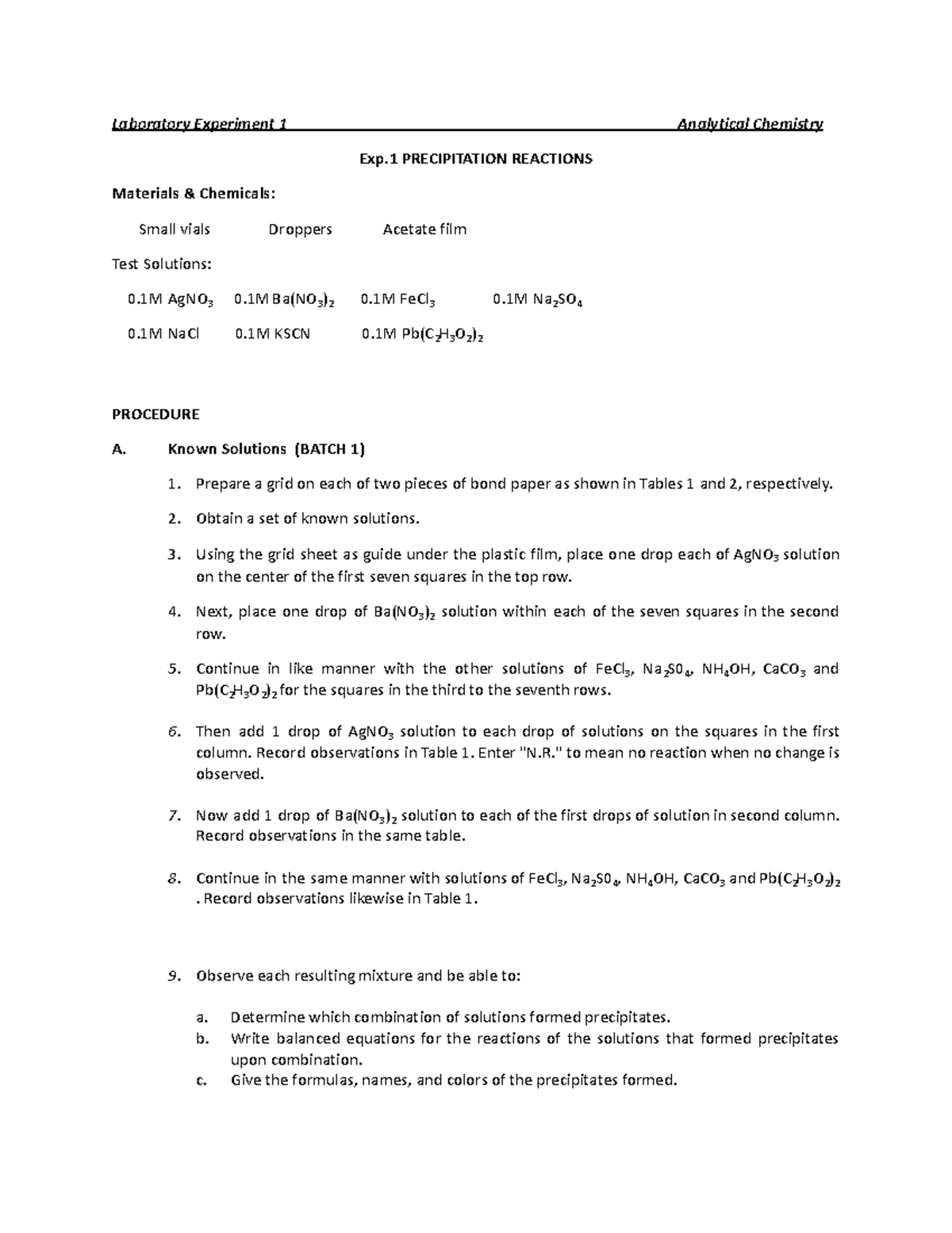 Lab Experiment 1: Precipitation Reactions in Analytical Chemistry (AC ...