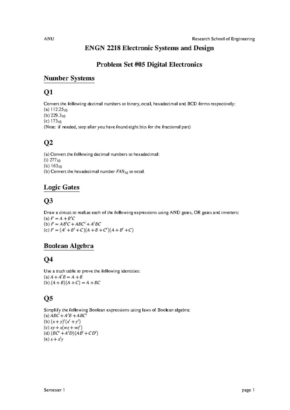 P05 Digital Sol - SOLUTION OF TUTORIAL5 - ENGN 2218 Electronic Systems ...