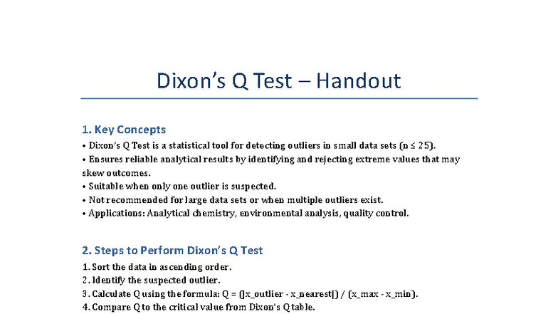 Dixon Q Test Handout 3: Summary Notes for Quick Review - Studocu
