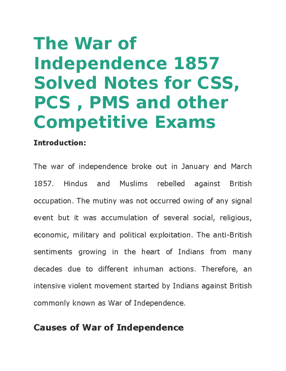 War of Independence 1857: Solved Notes for CSS & Competitive Exams ...