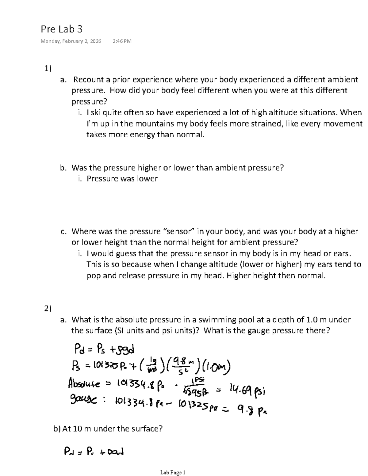 Pre Lab 3: Exploring Ambient Pressure Effects and Calculations - Studocu