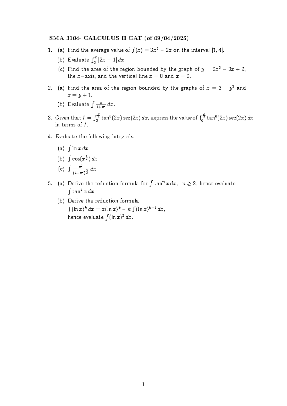 SMA3104-CALCULUS II - CAT Revision Notes and Integral Evaluations - Studocu