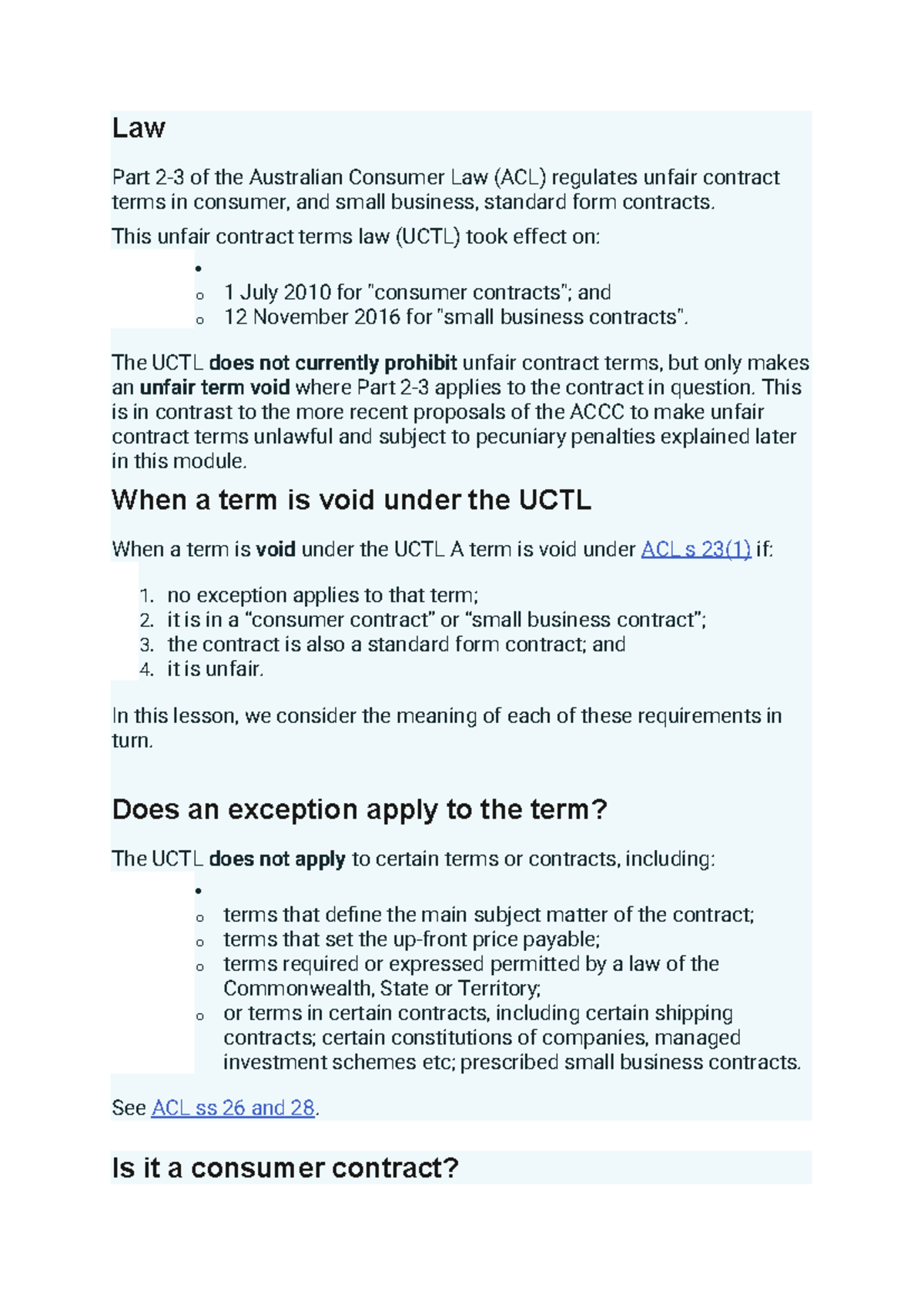 Law - UCTL Overview and Consumer Contract Regulations Notes - Studocu