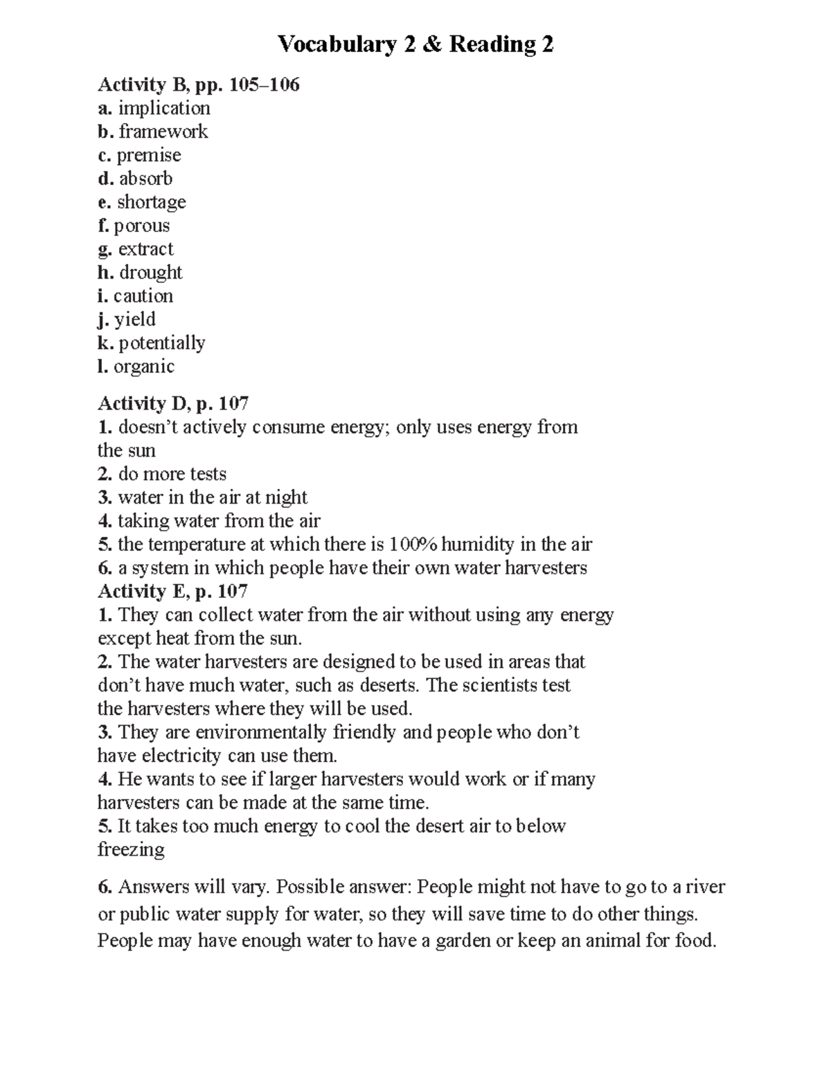 Vocabulary 2 Reading 2 Activities and Key Concepts - Studocu