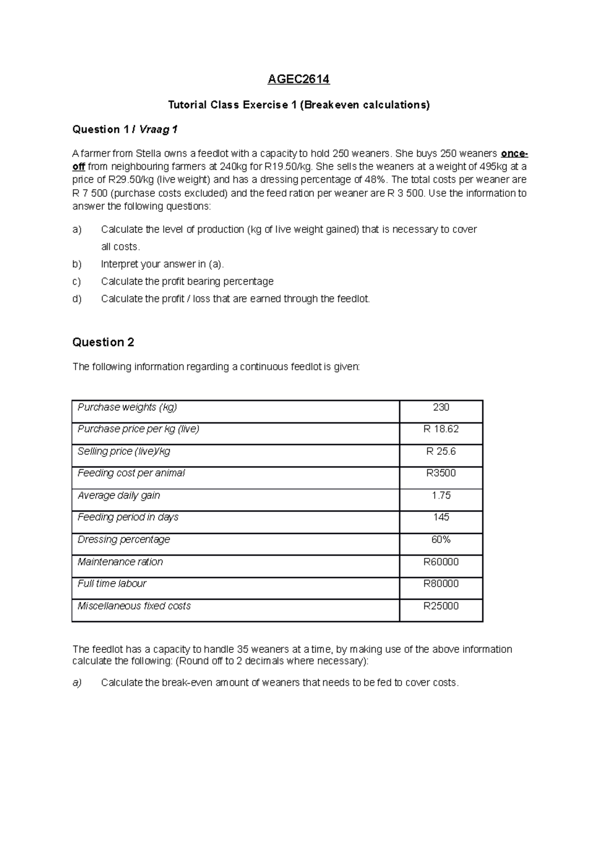 Agec2614 Tutorial Class Exercises 1jj Agec Tutorial Class Exercise 1 Breakeven Calculations