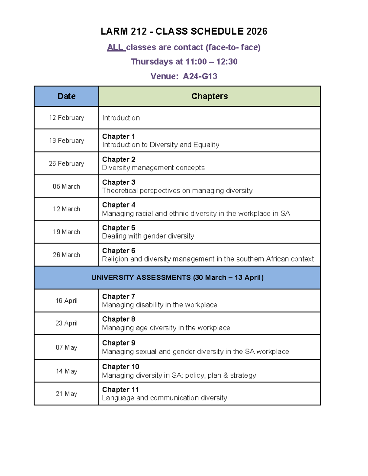 LARM 212 Class Schedule 2026 - Vaal Campus Overview - Studocu