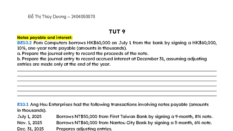 POA TUT 9 - Notes Payable & Sales Tax Journal Entries - Studocu