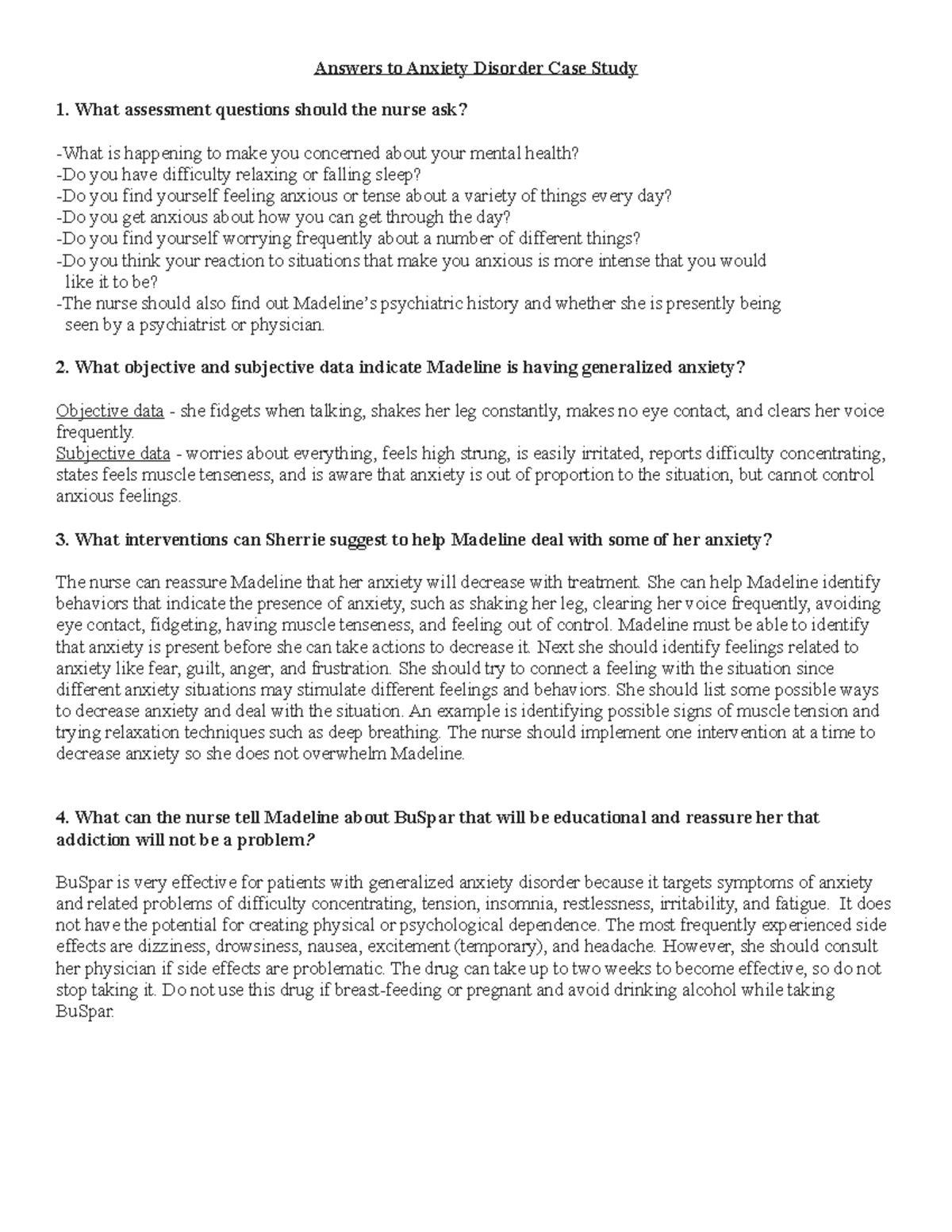 Anxiety Disorder Case Study-1: Nurse's Assessment & Interventions - Studocu