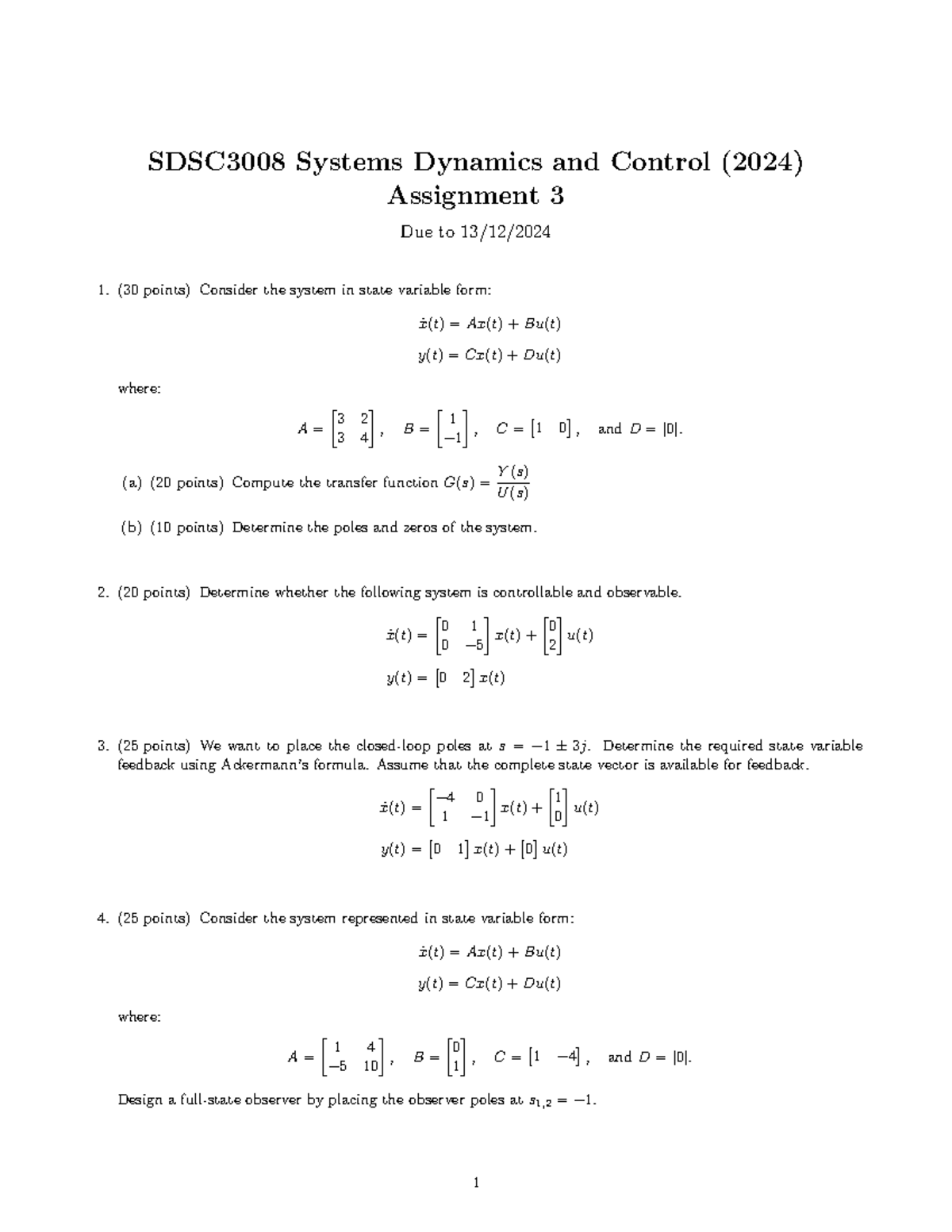 SDSC3008 Assignment 3 - SDSC3008 Systems Dynamics and Control (2024 ...