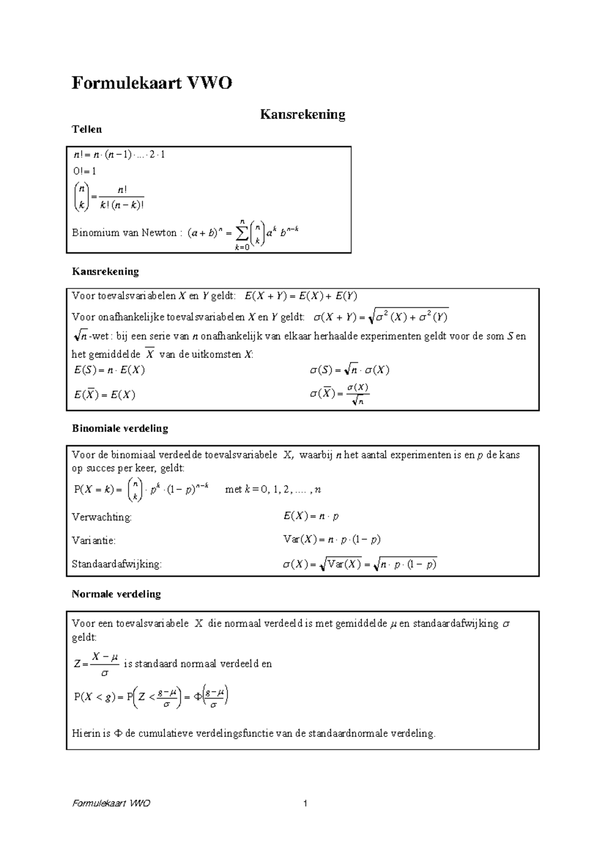 Formulekaart Wiskunde VWO - Kansrekening, Algebra en Meer - Studeersnel