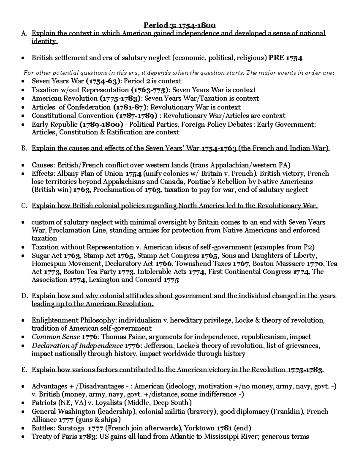 P3 Study Guide - Review - Period 3: 1754- A. Explain the context in ...