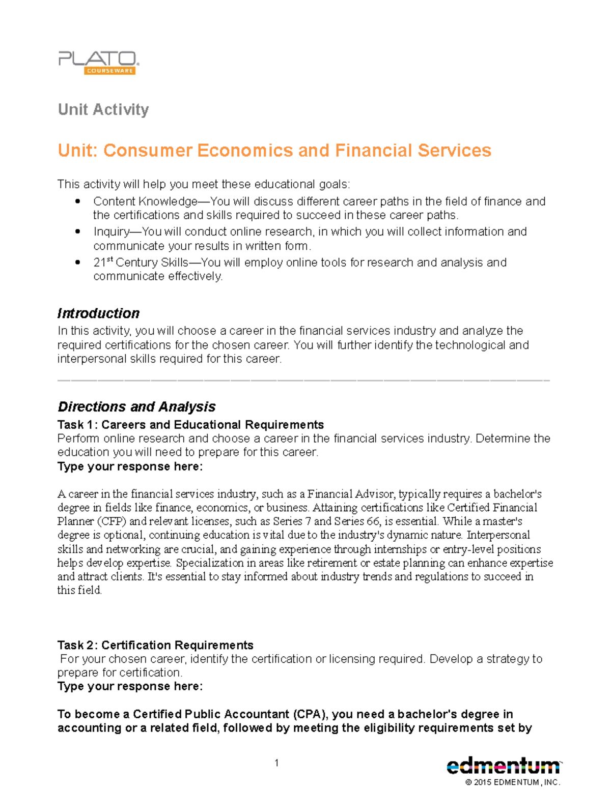 Consumer Economics & Financial Services UA - Career Path Analysis - Studocu
