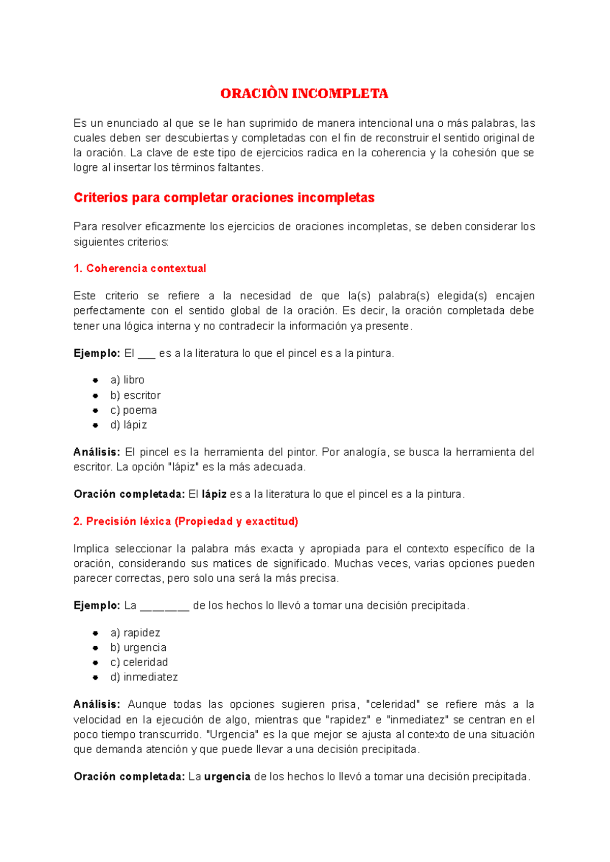 Oraciones Incompletas - Ejercicios y Criterios (Curso: ORACIÒN ...
