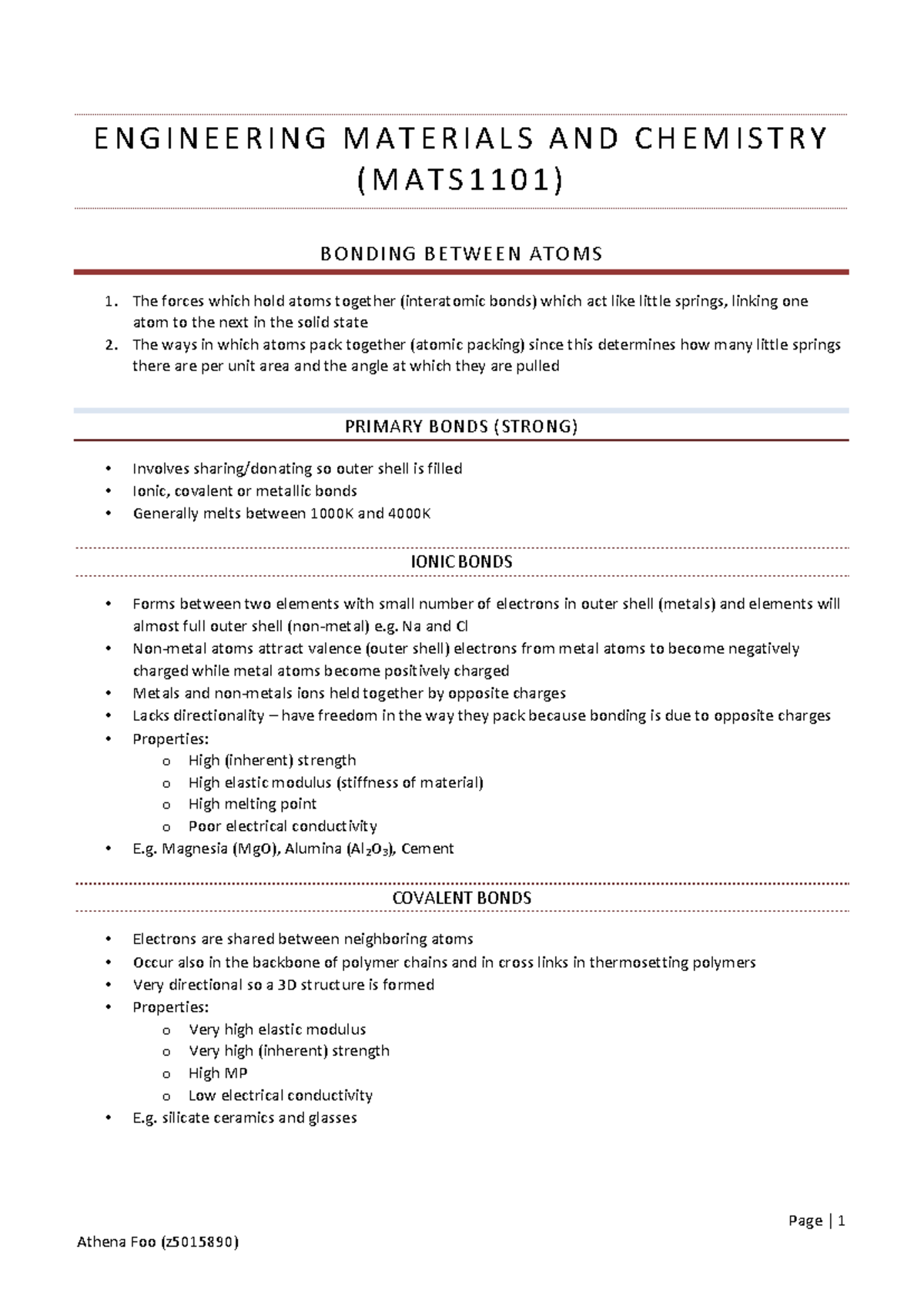 MATS1101 - Engineering Materials & Chemistry Lecture Notes - Studocu