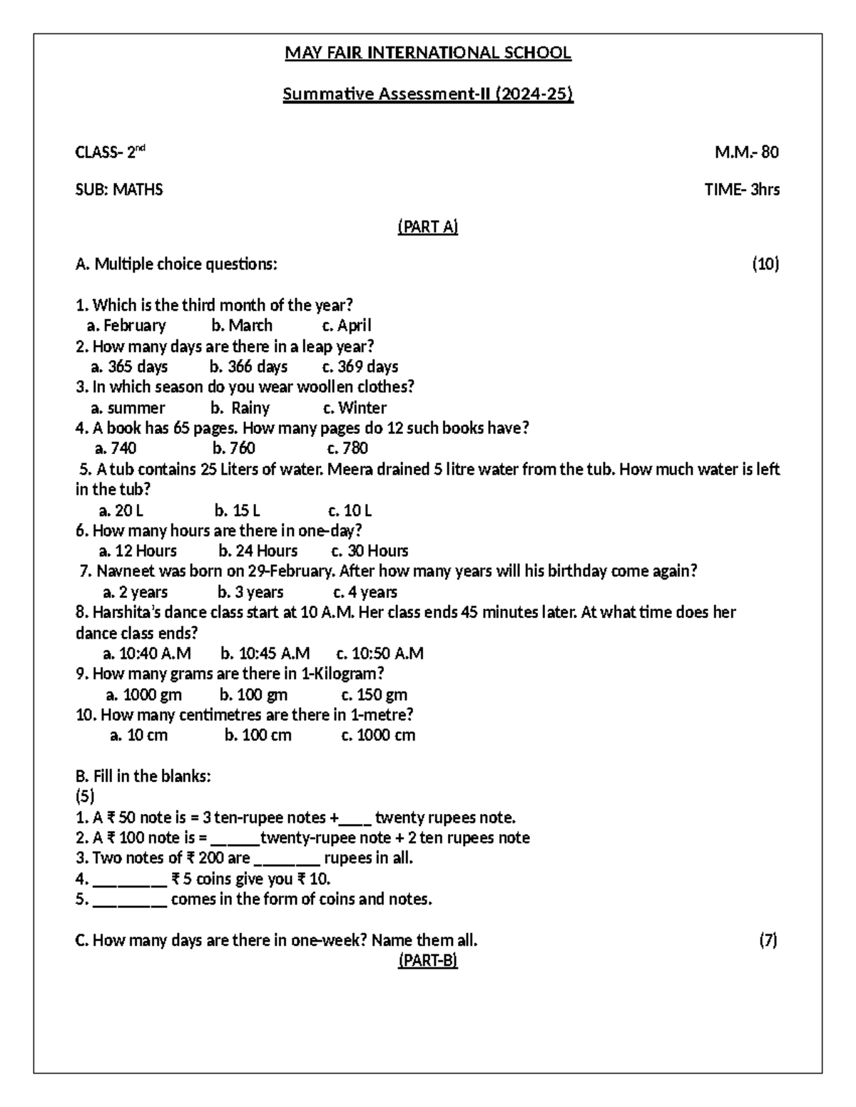 MAY FAIR INTERNATIONAL SCHOOL Summative 2nd Exam: MATHS 80 Marks - Studocu