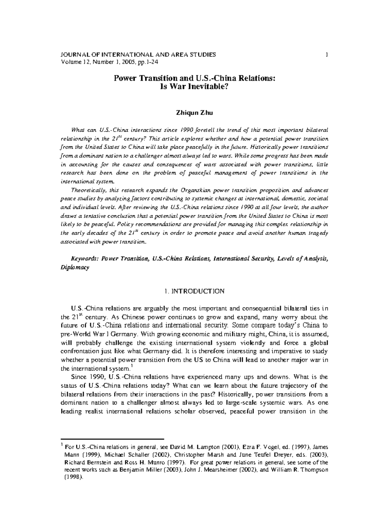 Power Transition and U.S.-China Relations: Is War Inevitable? (JIAS ...