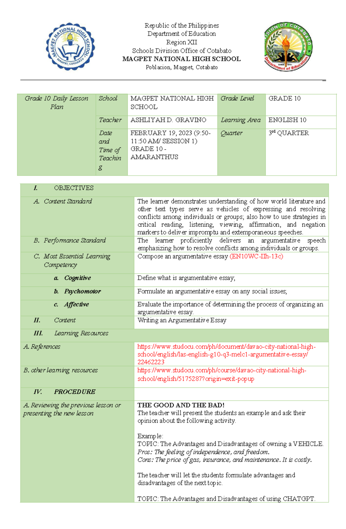 Robotics 10 Lesson Plan - Argumentative Essay Writing for Grade 10 ...