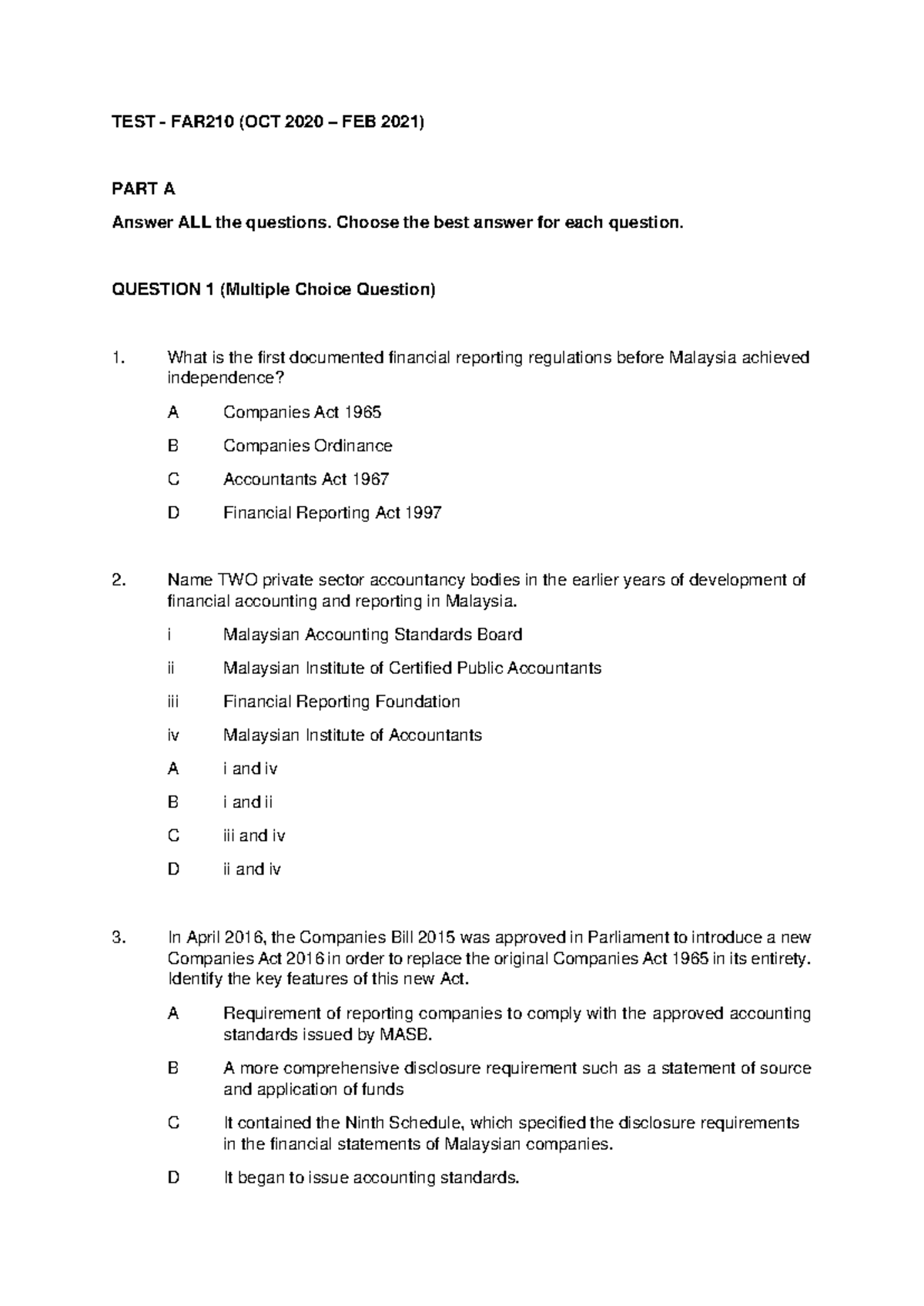 TEST FAR210 (OCT 2020 - FEB 2021) PART A Multiple Choice Questions ...