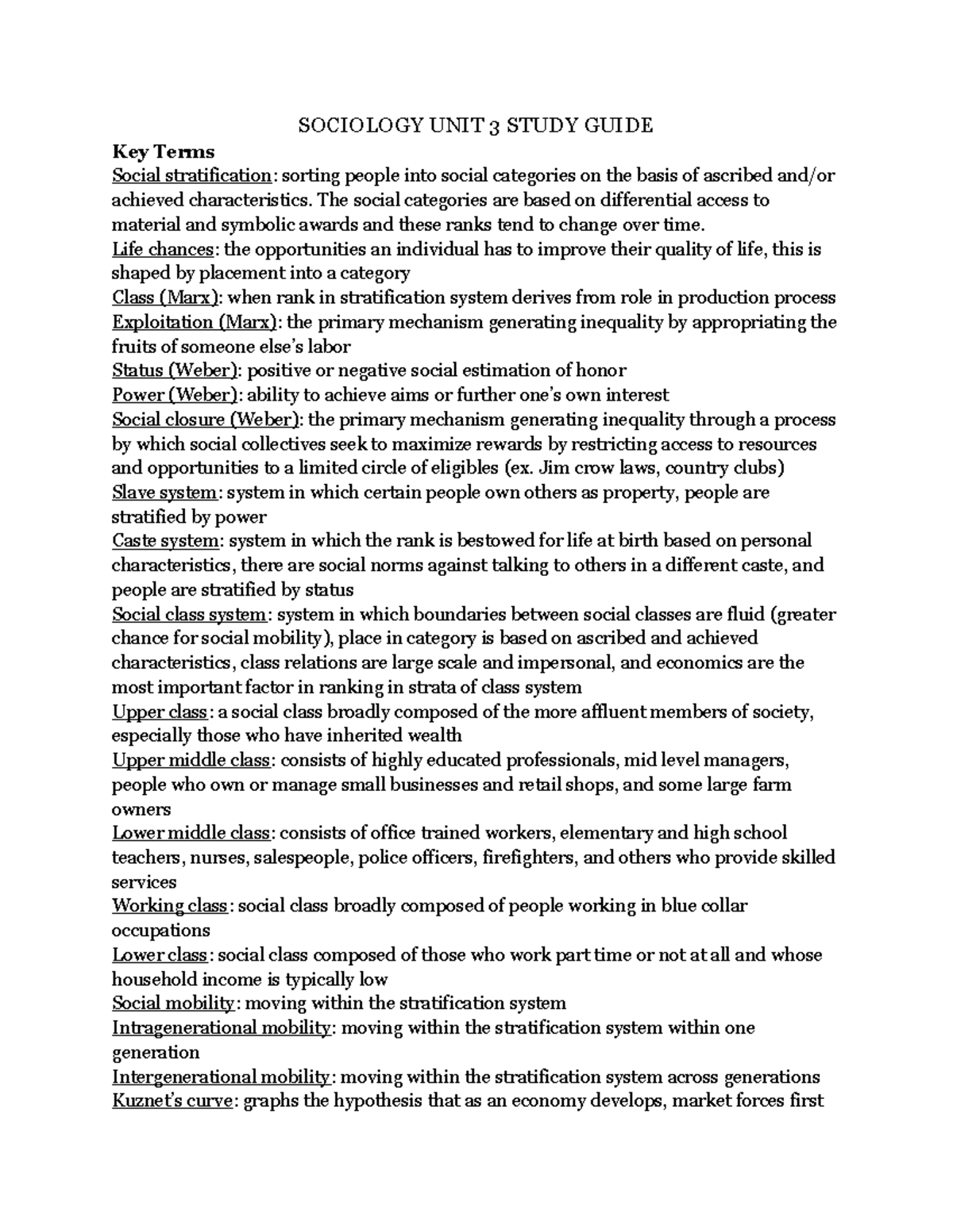 Sociology SOC101 Unit 3 Study Guide: Social Stratification Key Terms ...