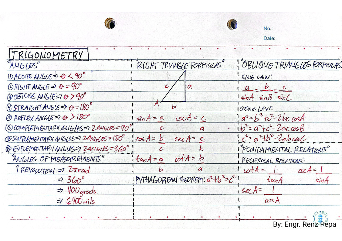MSTE - Trigonometry Right Triangle Formulas and Concepts - Studocu