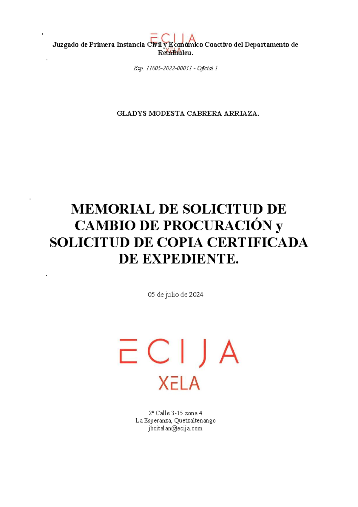 Solicitud de Cambio de Procuración y Copia Certificada - Exp. I - Studocu