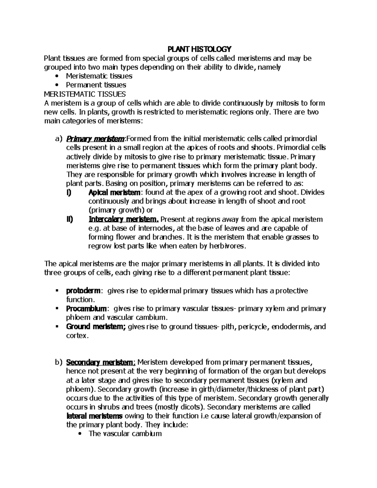 A Level Plant Tissues: Detailed Notes on Plant Histology - Studocu