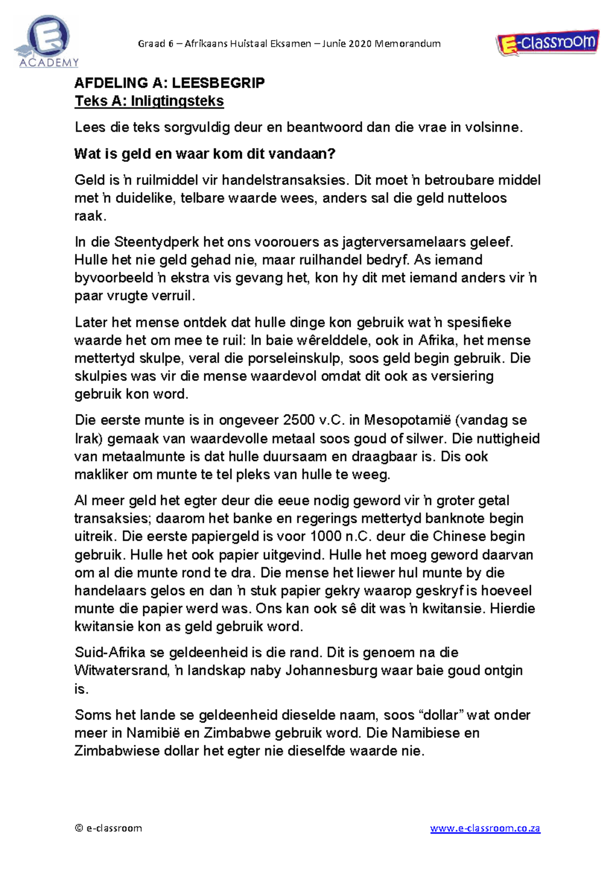 Graad 6 Afrikaans Huistaal Eksamen Junie 2020 Memorandum: Geld en ...