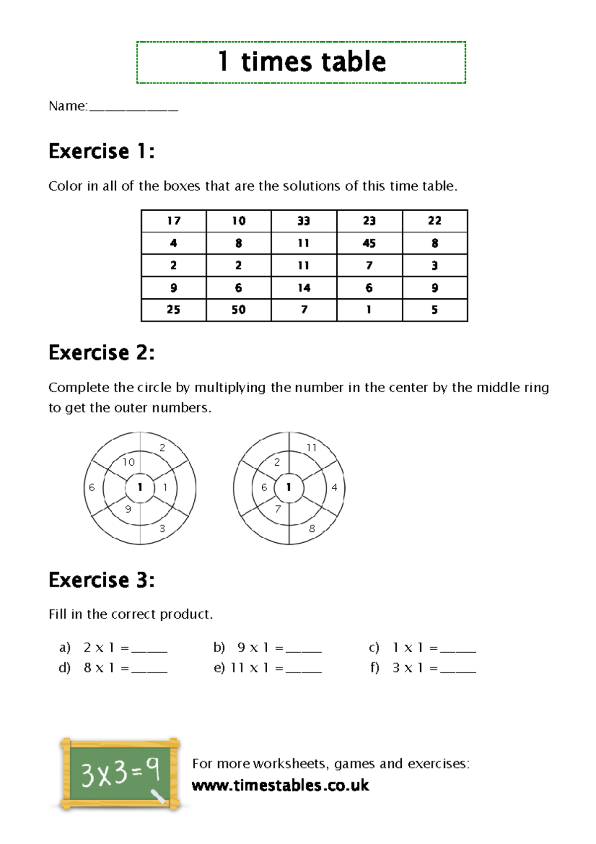 1 times table worksheets ws1 - a) 2 x 1 =_______ b) 9 x 1 =_______ c) 1 ...