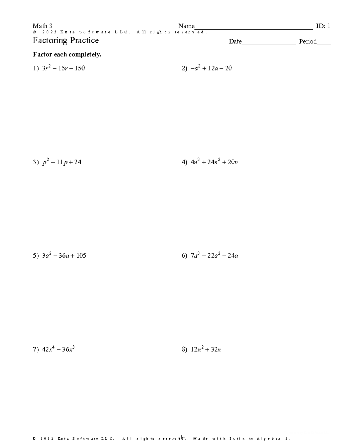 Math 3 Final Exam: Complete Factoring Practice Worksheet - Studocu