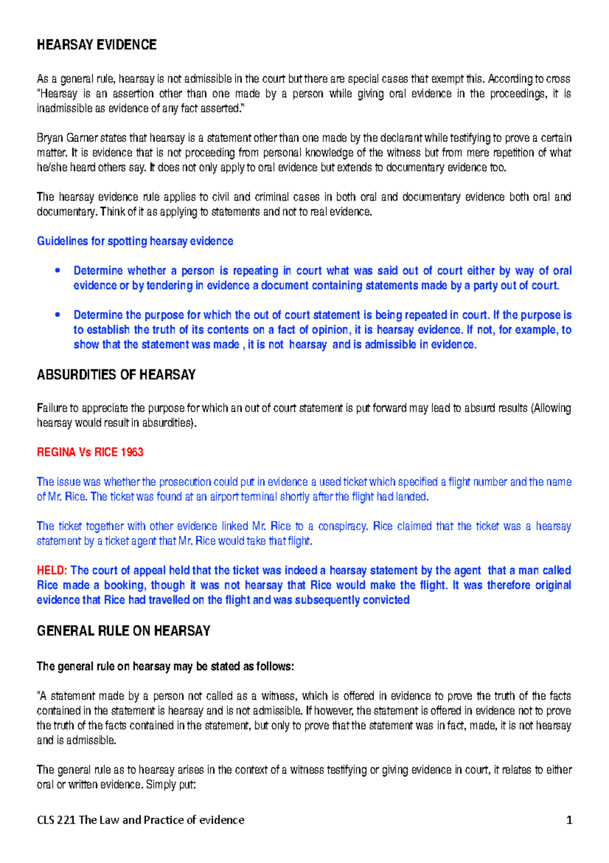 Hearsay Evidence: Rules, Exceptions, and Case Analysis in Law - Studocu