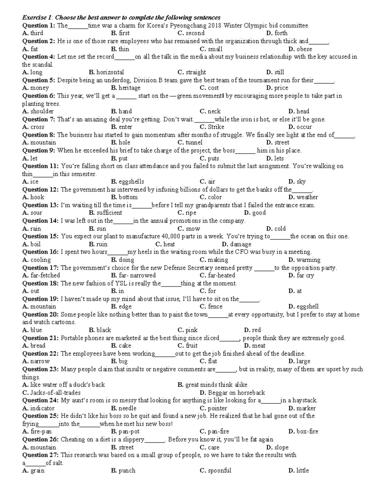 Exercise 1: Complete the Sentences with Idioms - Studocu