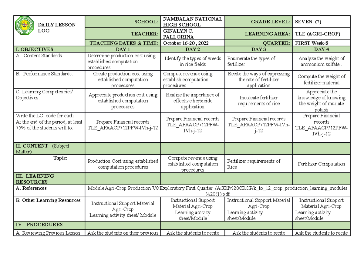 DLL WEEK 9 - TLE (AGRI-CROP) Lesson Plans for Gr. 7-10 - Studocu