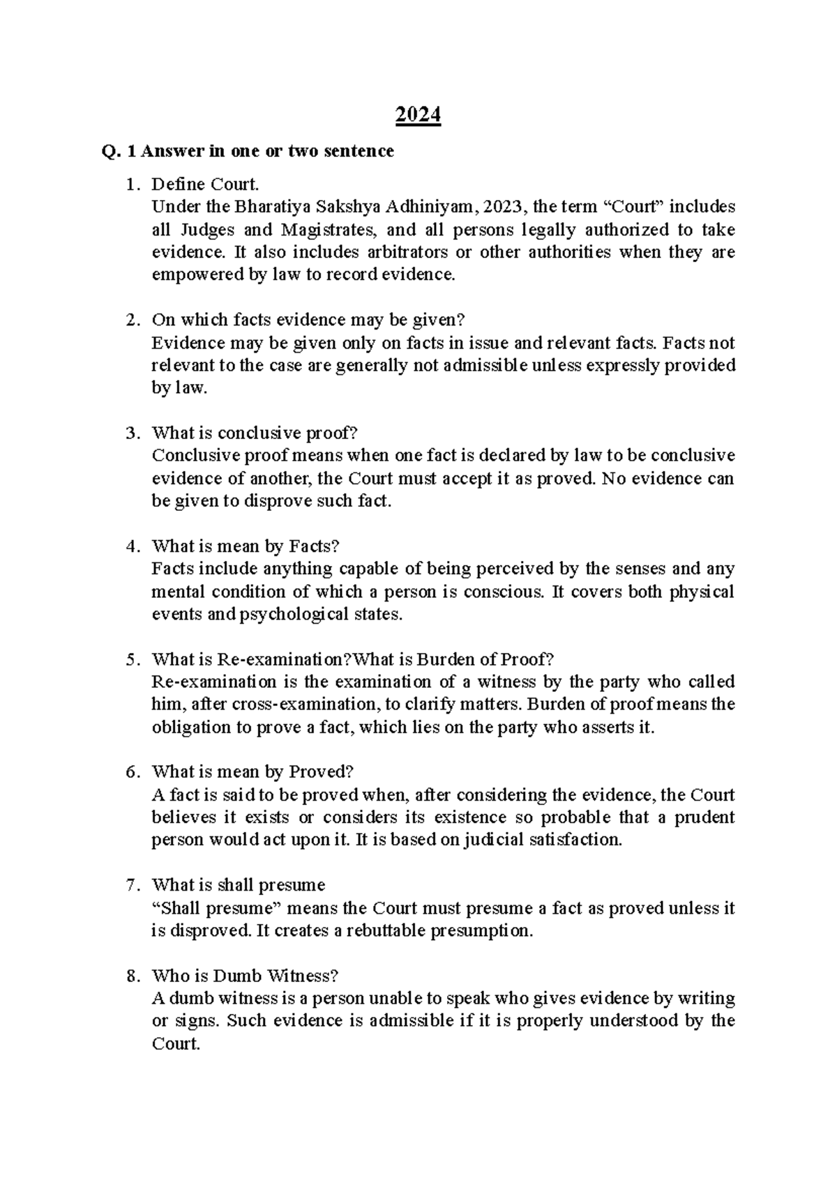 BSA 2023: Last 5 Years Q&A on Evidence Law and Legal Principles - Studocu