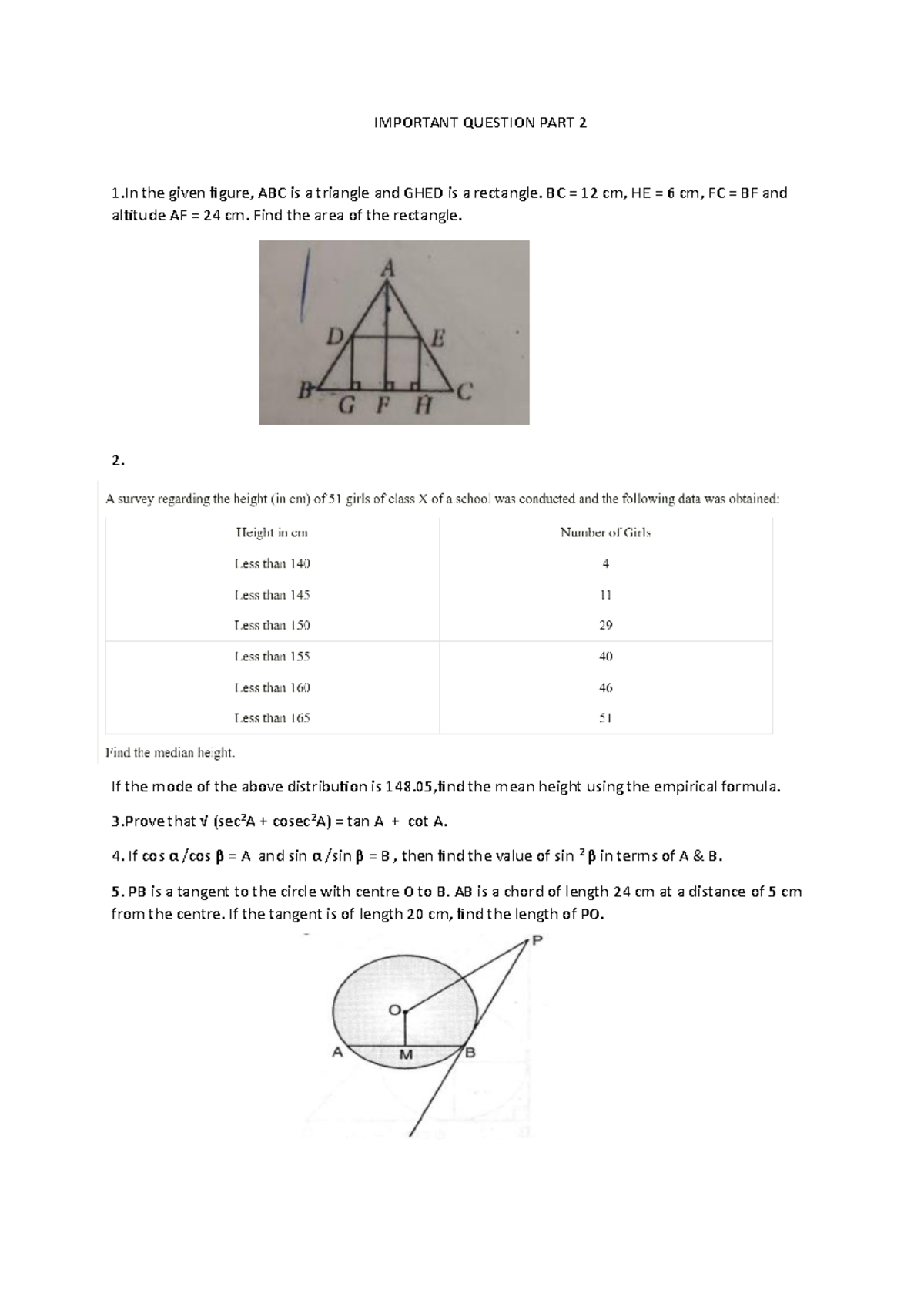Mathematics Important Questions Part 2 for Exam Preparation - Studocu