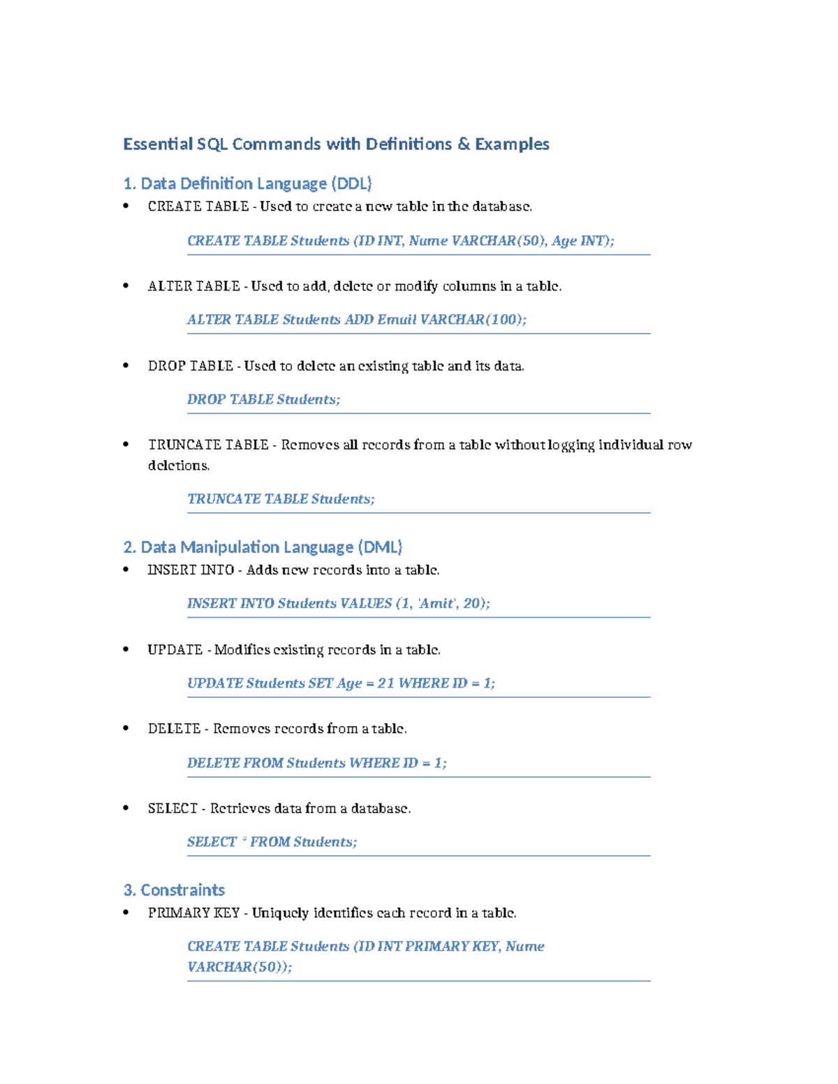 SQL Commands with Definitions: DDL, DML, and More - Studocu