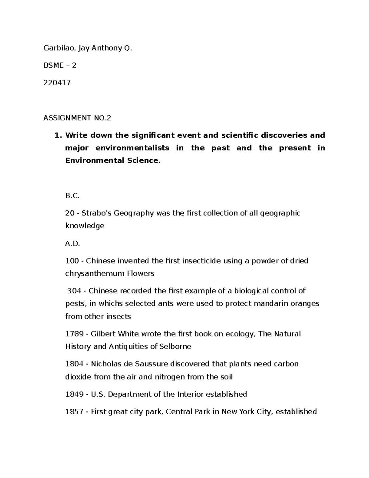 ENVI SCI 220417 ASSIGNMENT NO.2: Key Events in Environmental Science ...
