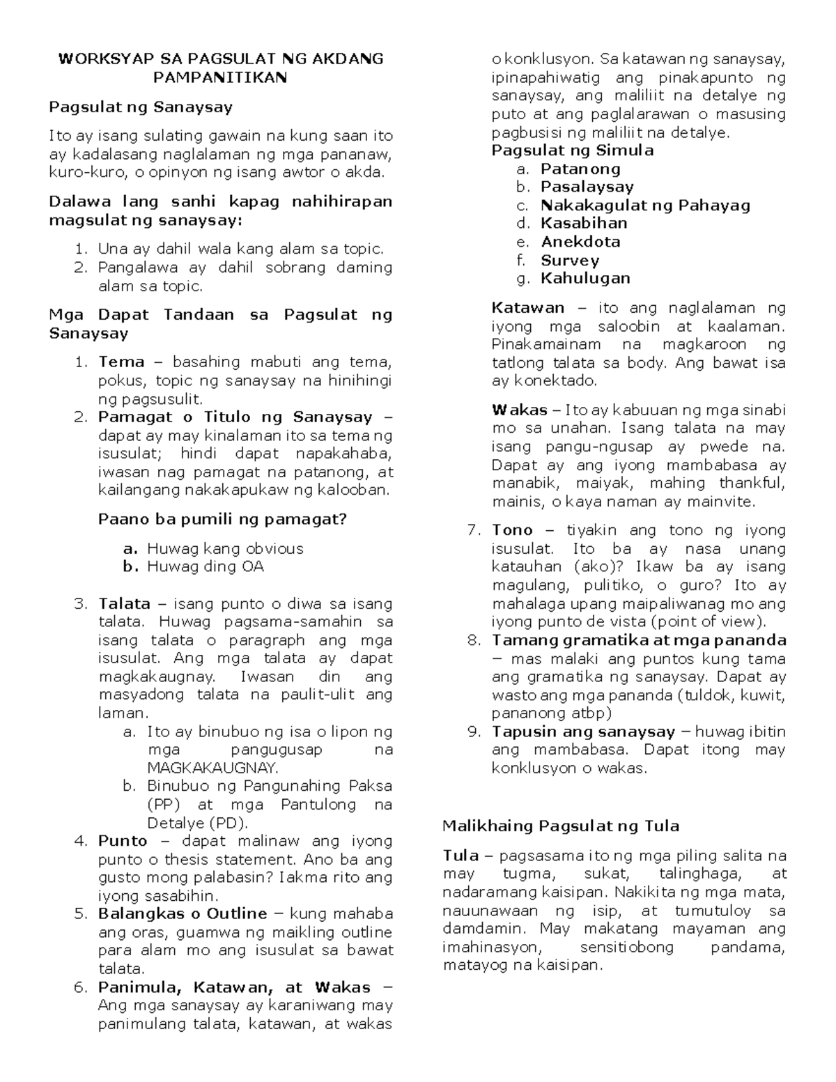 Pagsusuri at Gabay sa Pagsulat ng Sanaysay at Tula (FIL101) - Studocu