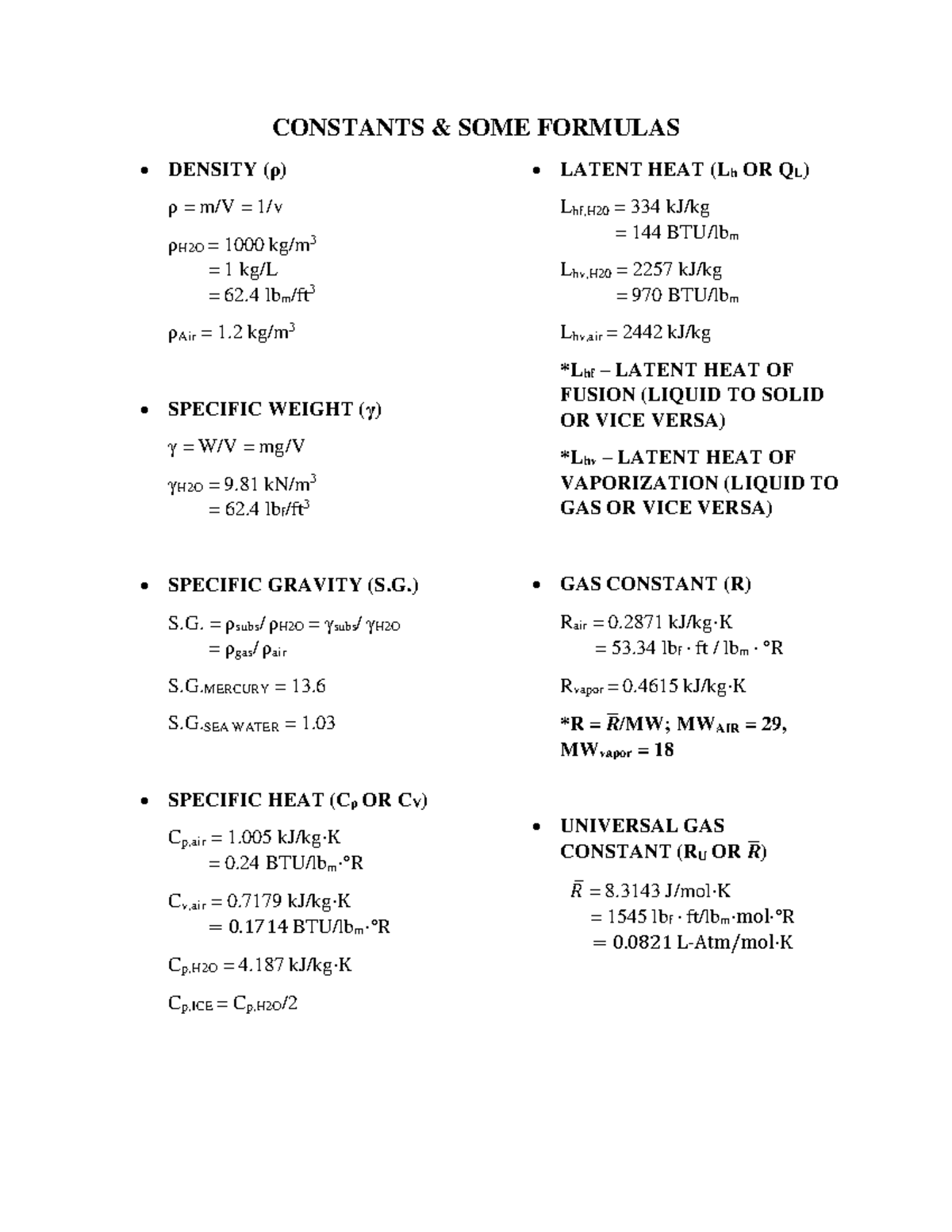 Constants & Important Formulas for Physics (PHYS 101) - Studocu