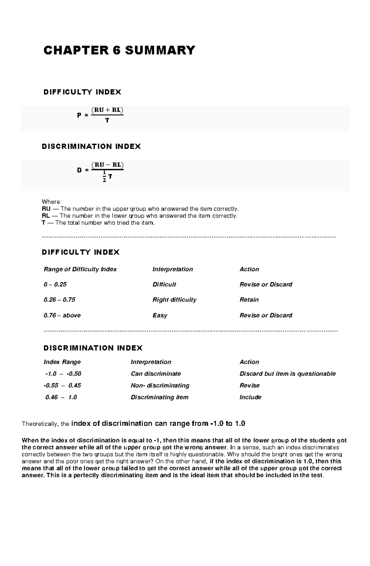 Chapter-6- Summary - CHAPTER 6 SUMMARY DIFFICULTY INDEX P = (𝐑𝐔 + 𝐑𝐋) 𝐓 ...