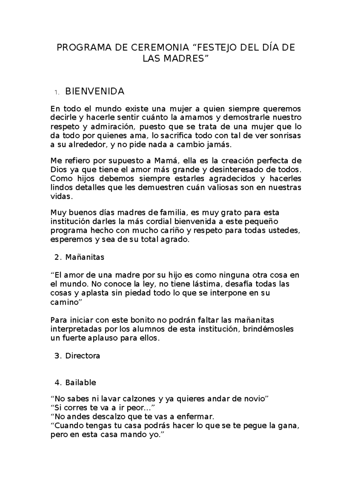 Programa de Ceremonia: Festejo del Día de la Madre - Studocu