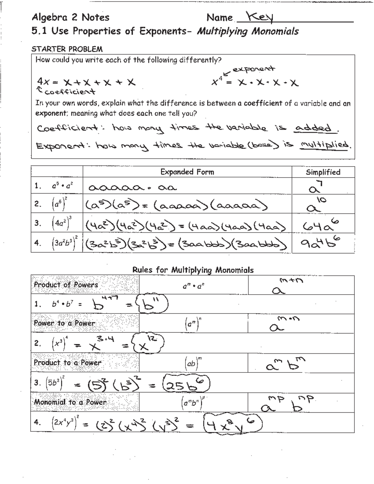 A2 5.1 Notes Key - Algebra 2 Notes Name Key 5 Use Properties of ...