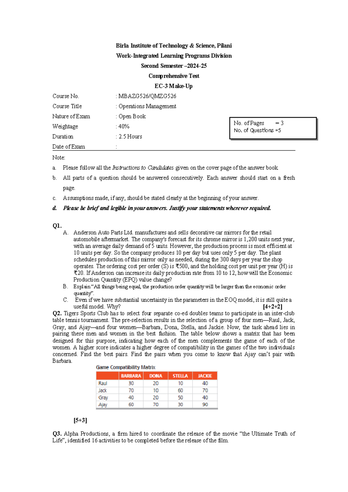 OM EC3 M 2024-25 - Comprehensive Test Question Paper - Studocu