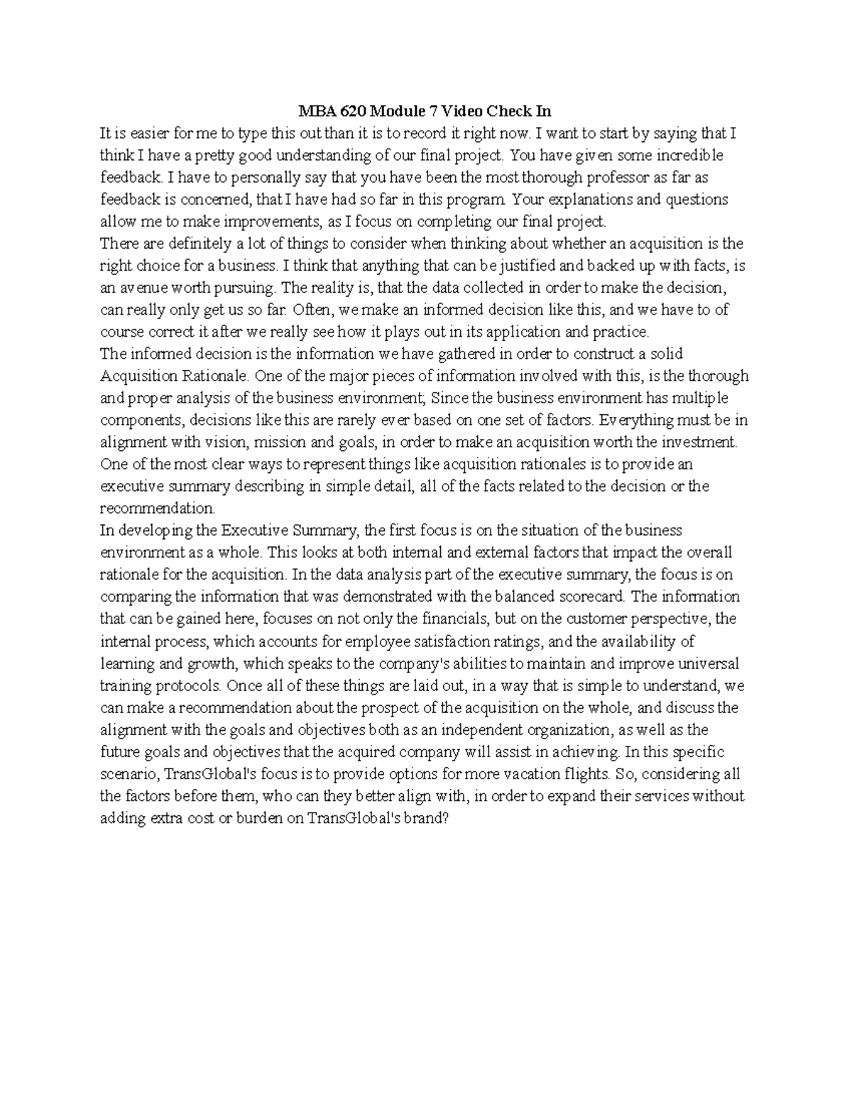 MBA 620 Final Project Video Check-In - Module 7 Reflection - Studocu