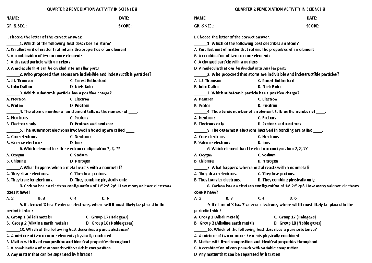Quarter 2 Remediation Activity in Science 8 & 9 - Studocu