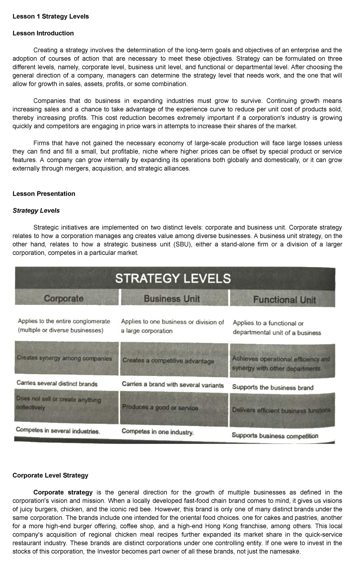 STATEGIC BUSINESS ANALYSIS LESSON 9 - Lesson 1 Strategy Levels Lesson ...