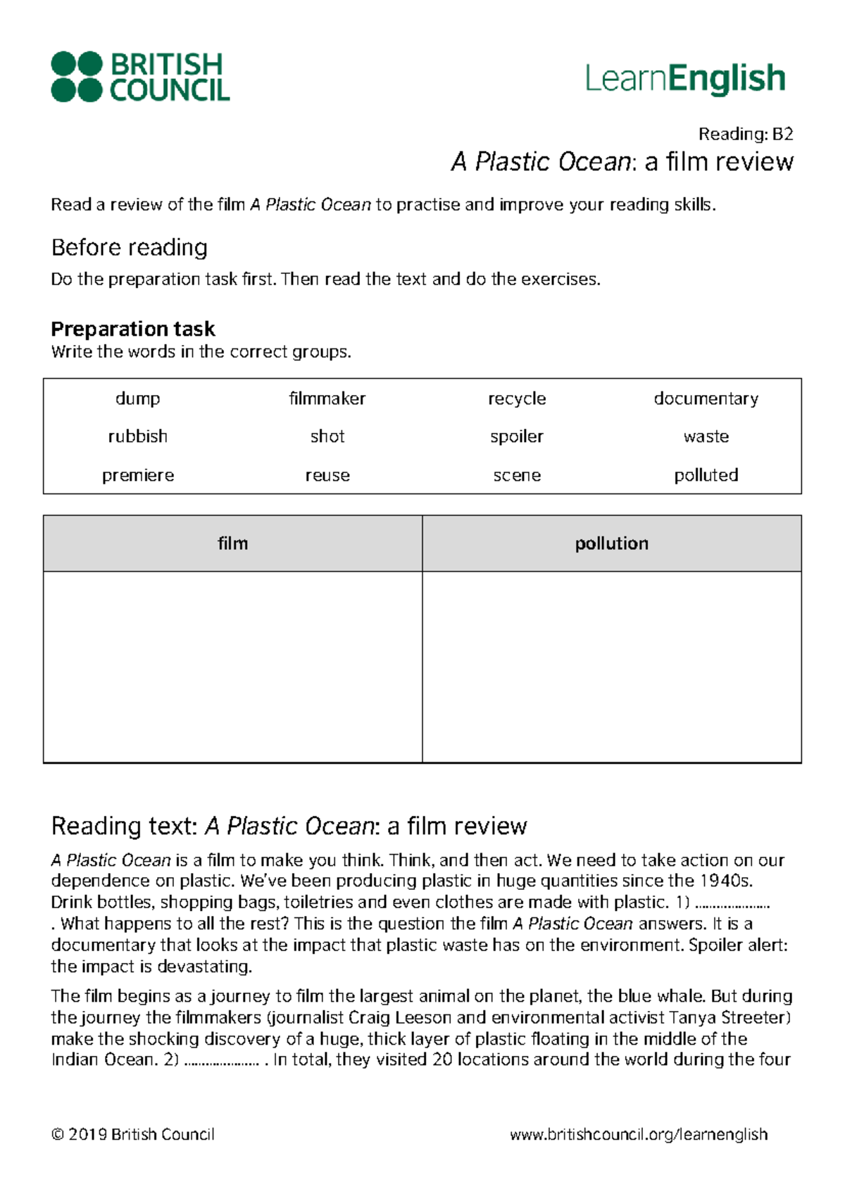 B2 Reading: A Plastic Ocean Film Review & Exercises - Studocu