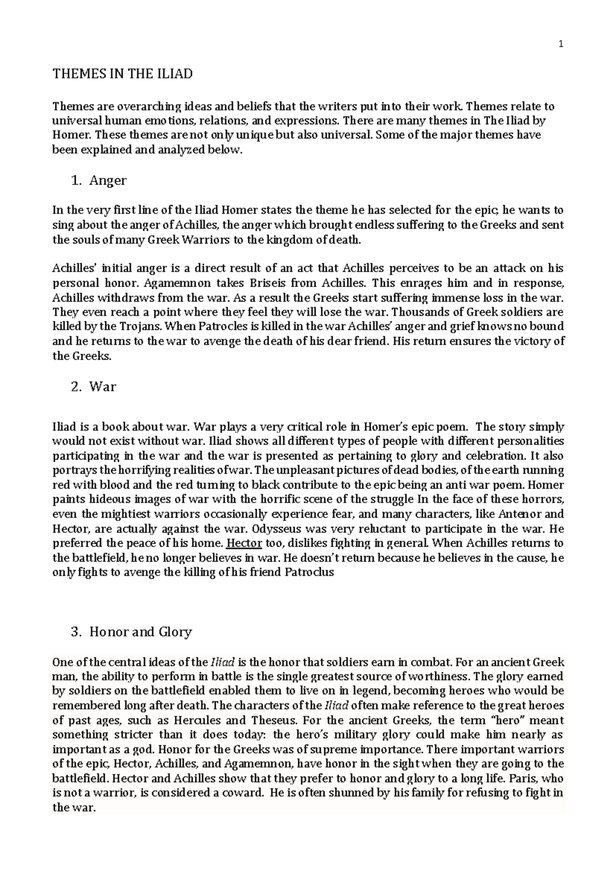 Major themes in the Iliad - 1 THEMES IN THE ILIAD Themes are ...