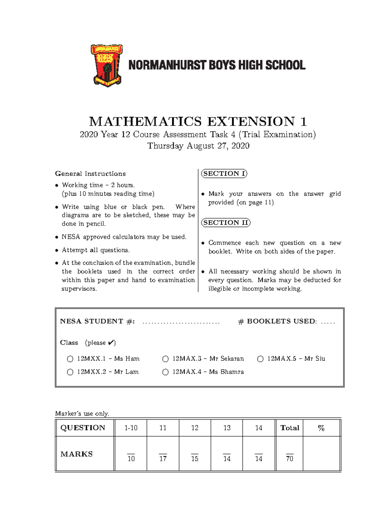 2020 - Normanhurst Boys Ext 1 Trial - MATHEMATICS EXTENSION 1 2020 Year ...