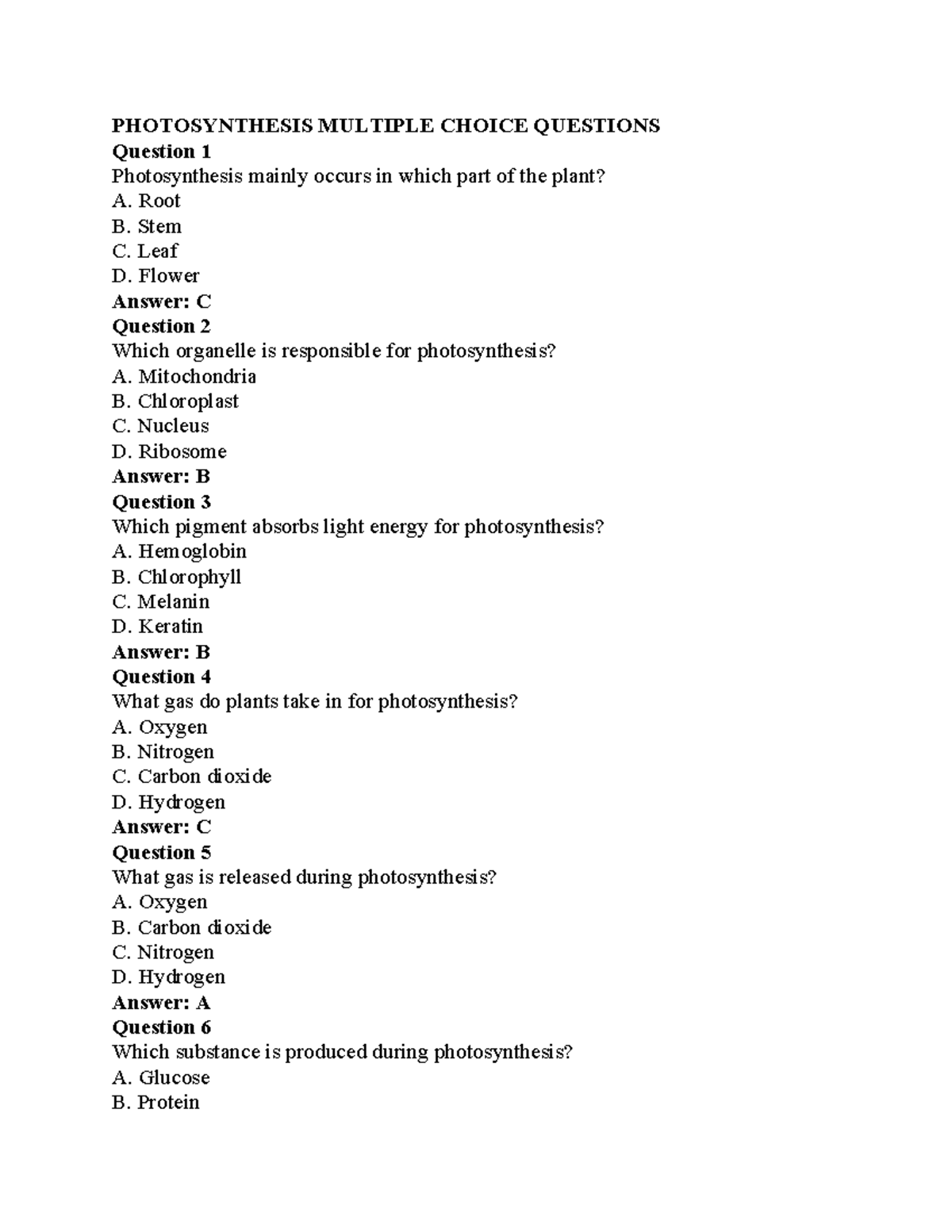 PHOTOSYNTHESIS MCQ REVIEW: KEY CONCEPTS & ANSWERS - Studocu