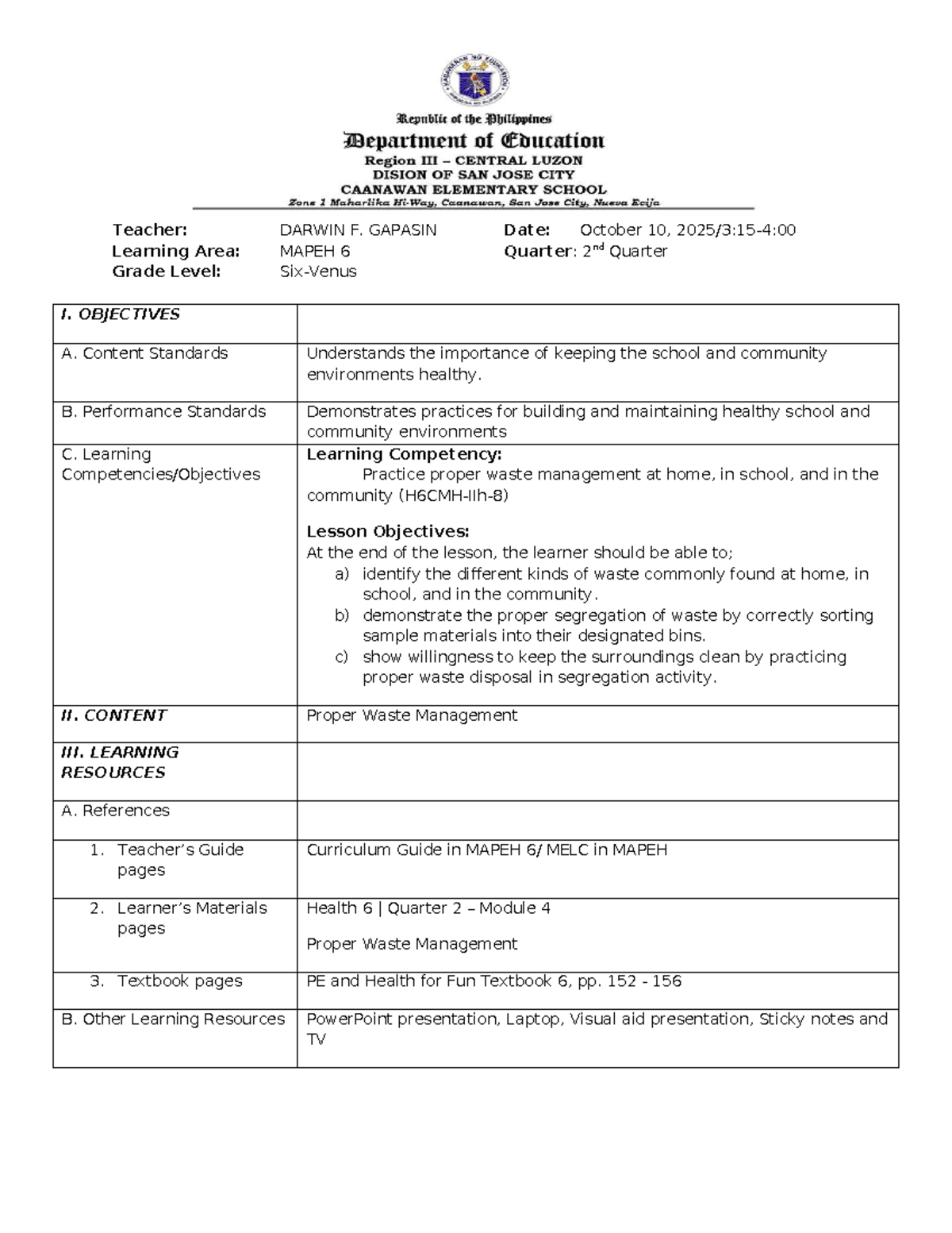Final DLP on Proper Waste Management for MAPEH 6 - Studocu